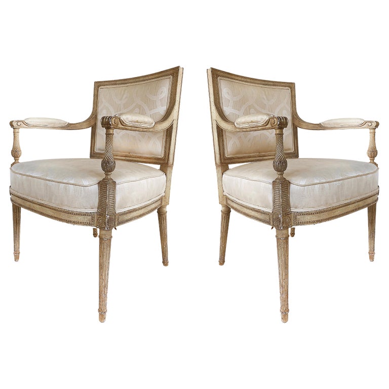French Louis XVI Style Painted Fauteuil Armchairs, Late 19th Century ...