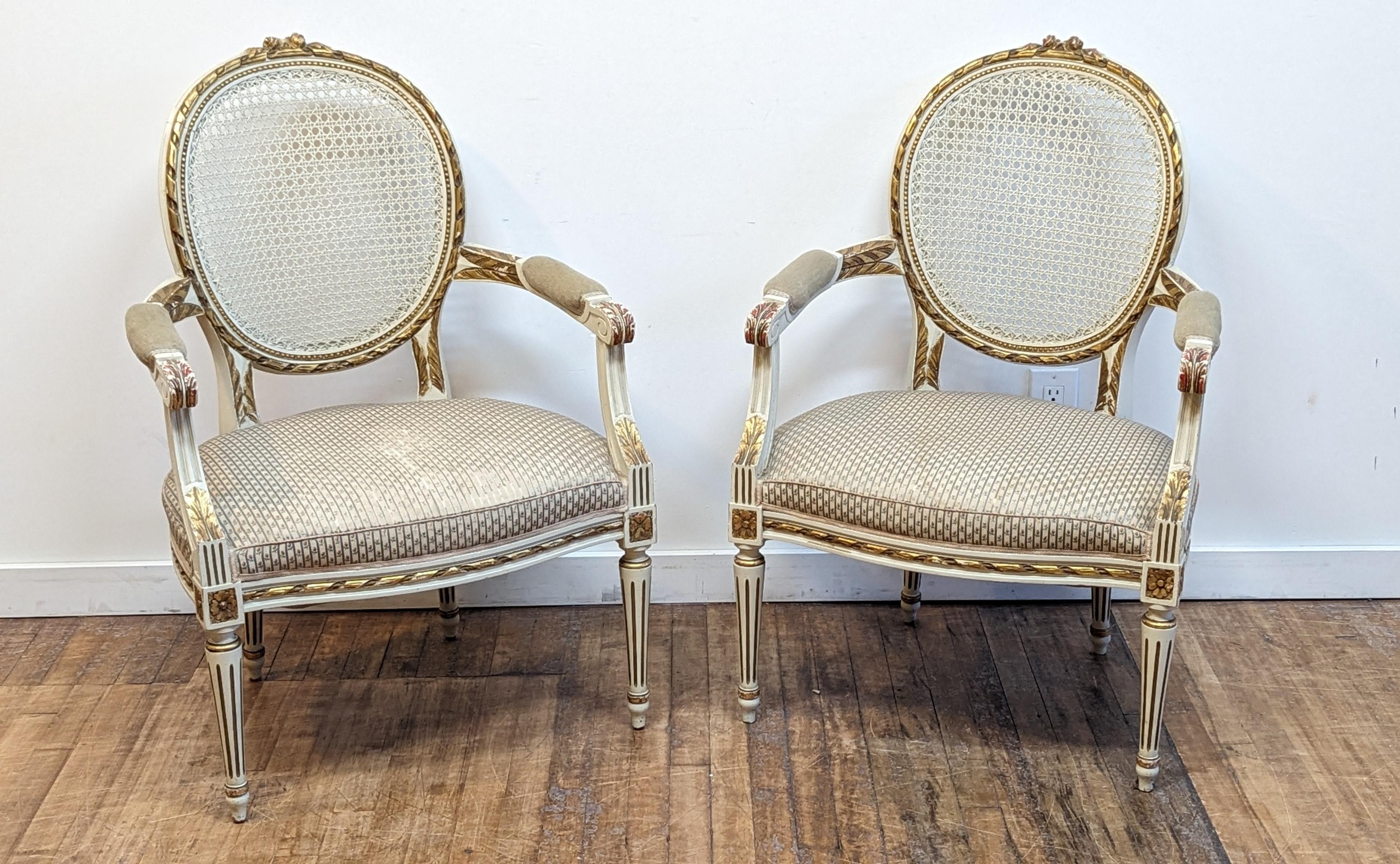 French Louis XVI style pair Partial Gilt painted cane back Armchairs ...