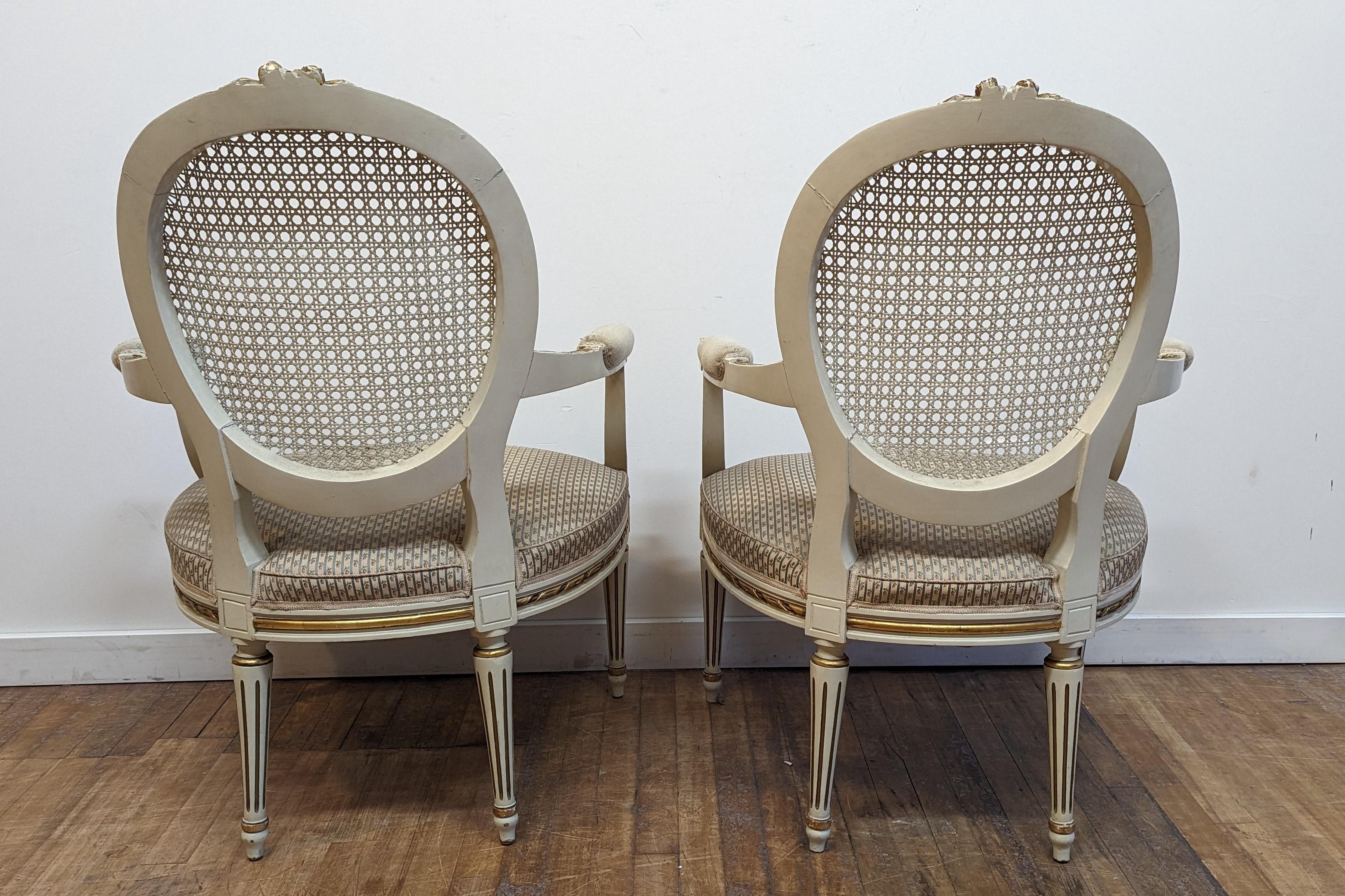 French Louis XVI style pair Partial Gilt painted cane back Armchairs ...