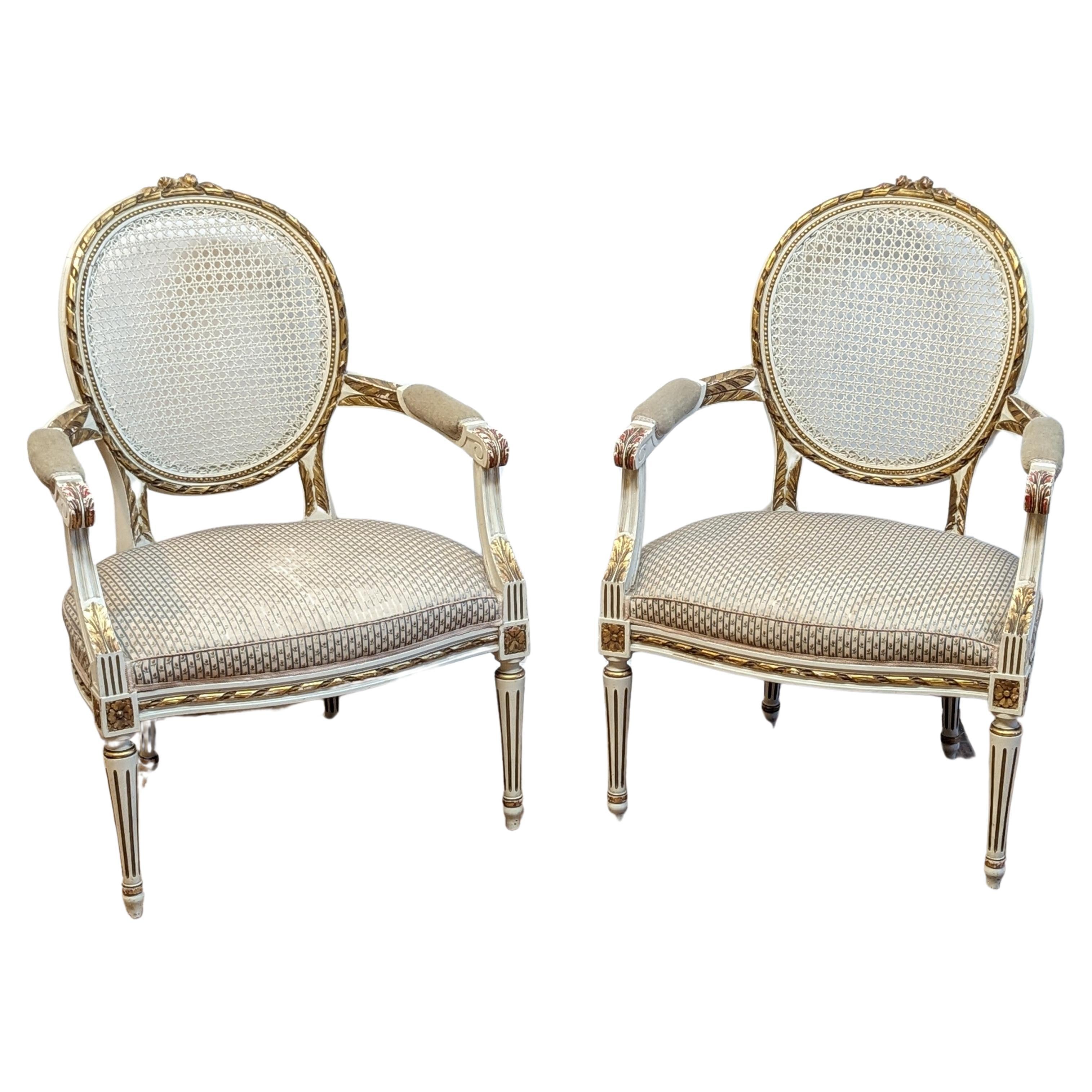 French Louis XVI style pair Partial Gilt painted cane back Armchairs ...