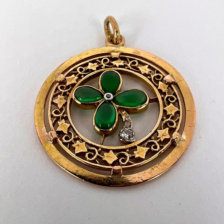 French Lucky Shamrock Four Leaf Clover 18k Yellow Gold Diamond Charm ...
