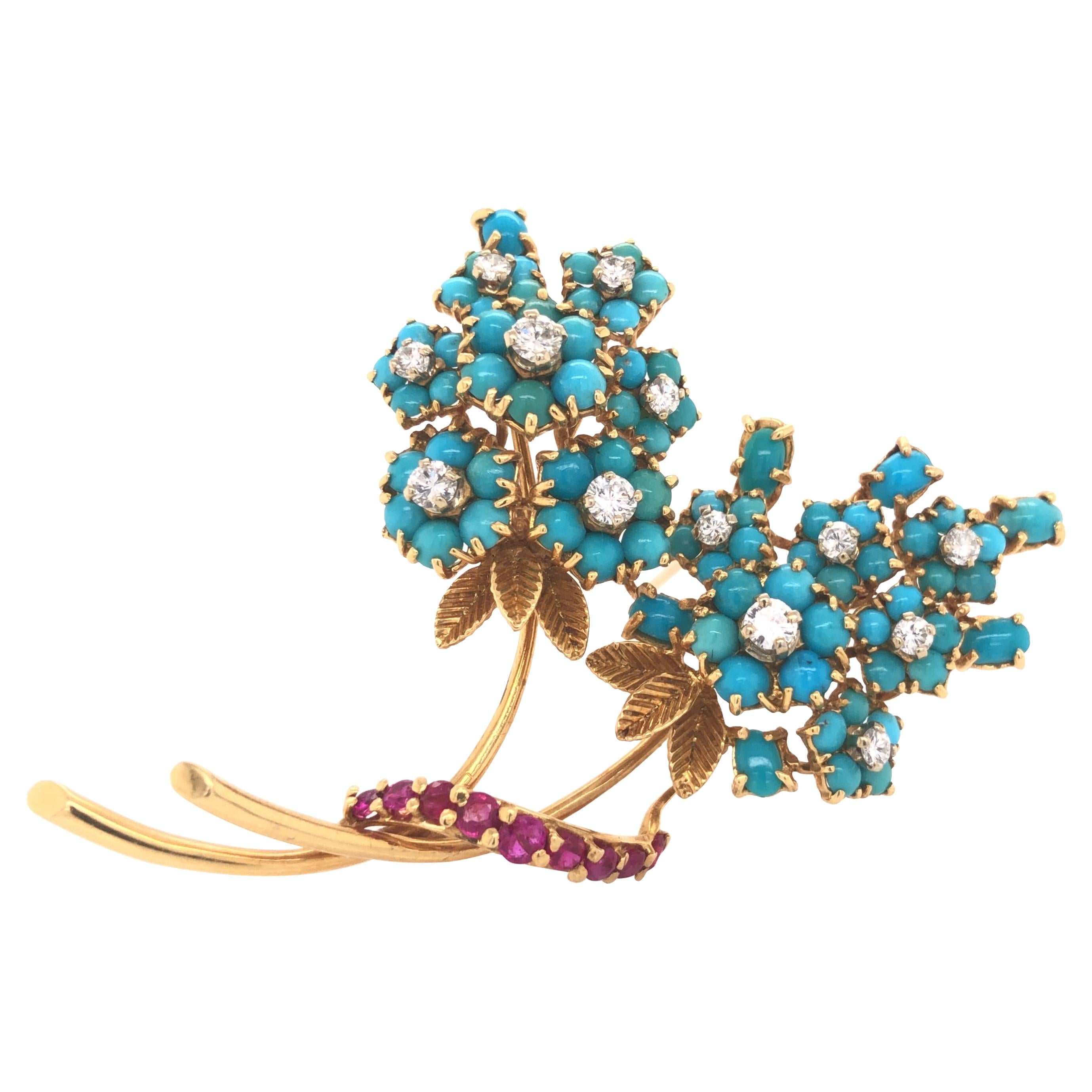 Broche florale en or 18 carats avec turquoise, diamants et rubis, de ...