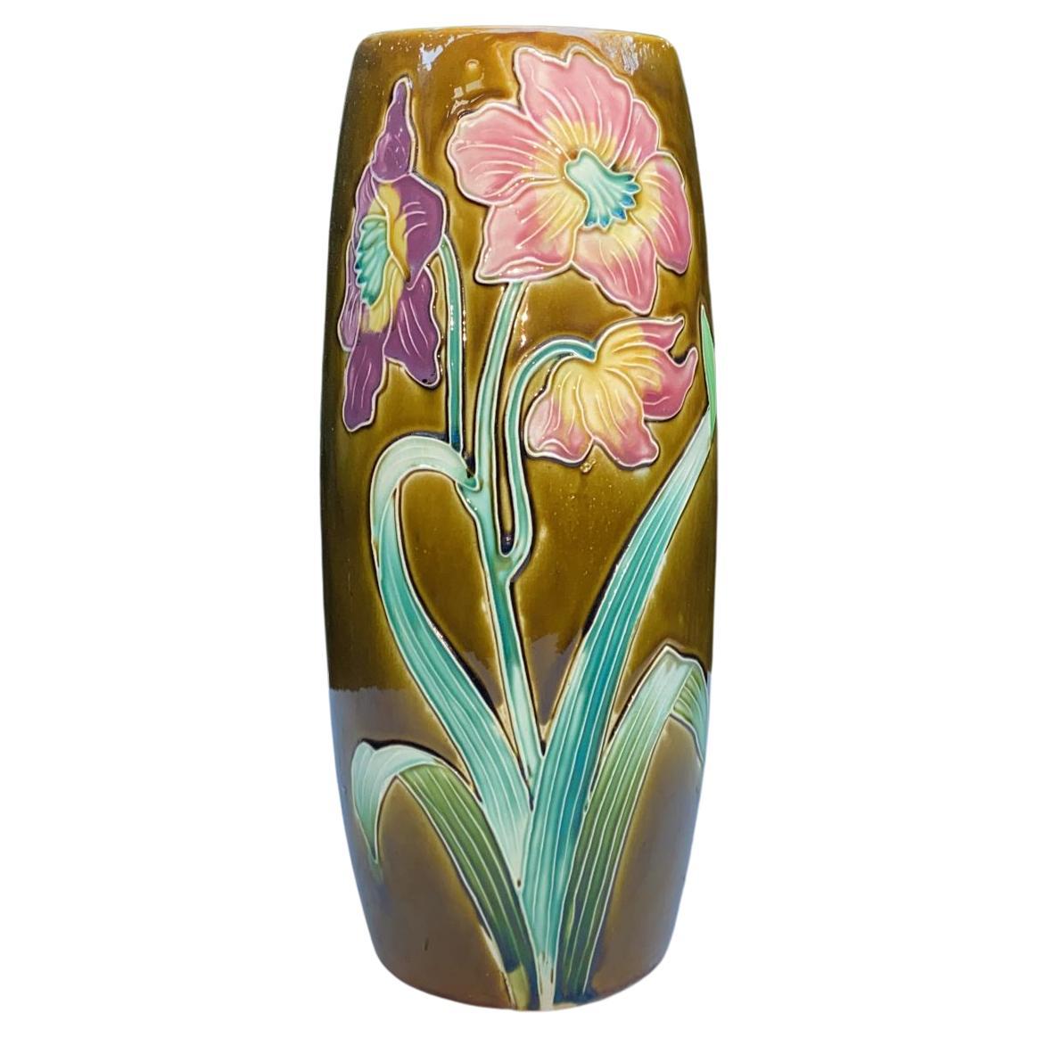 French Majolica Flowers Vase Fives Lille, circa 1880 For Sale at 1stDibs