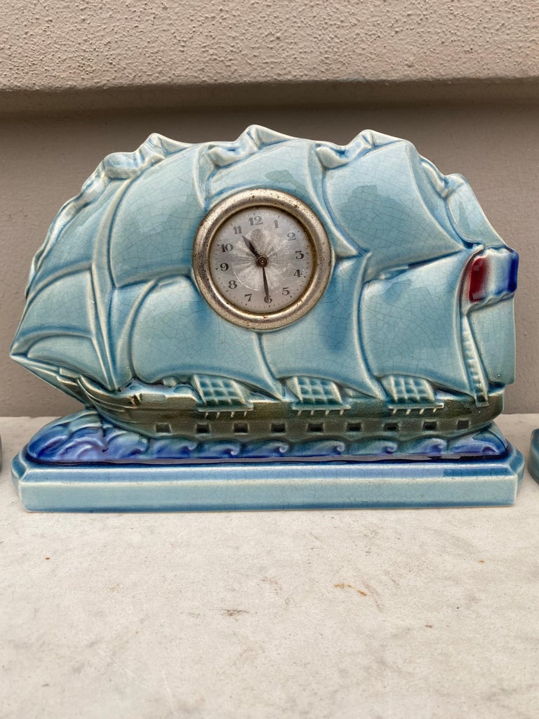 French Majolica Sailing Ship Clock with 2 Vases Sarreguemines, circa ...