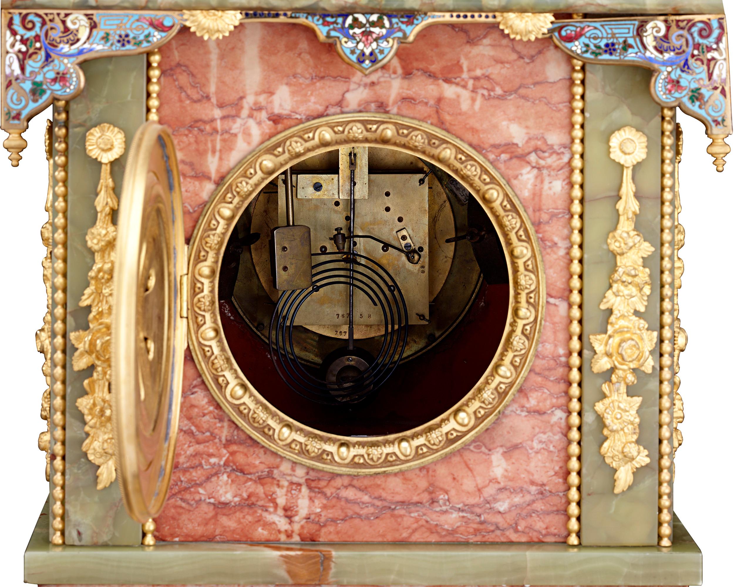 French Marble, Onyx, Enamel and Ormolu Pedestal Clock For Sale at 1stDibs