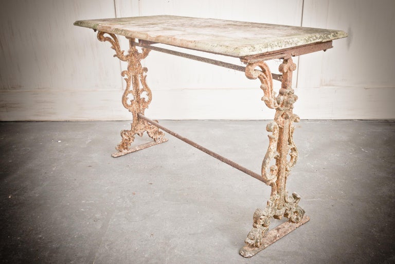 French Marble Top Cast Iron Patina Table For Sale at 1stDibs