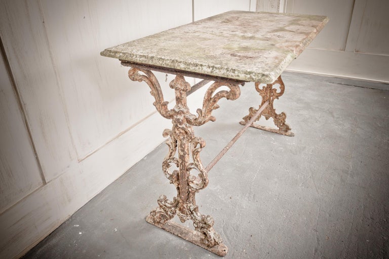 French Marble Top Cast Iron Patina Table For Sale at 1stDibs
