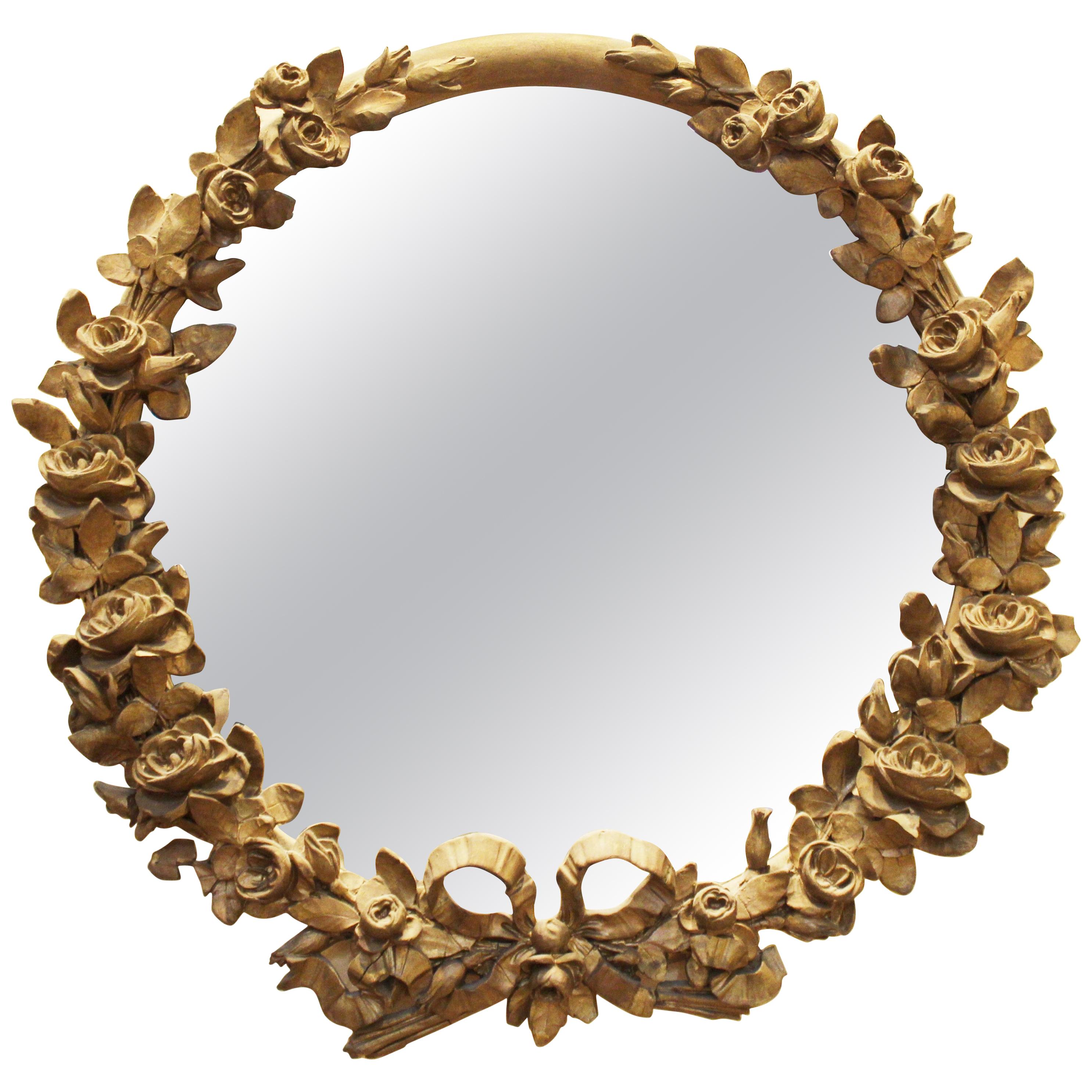 French Marie-Antoinette Style Diminutive Round Wall Mirror with Roses ...