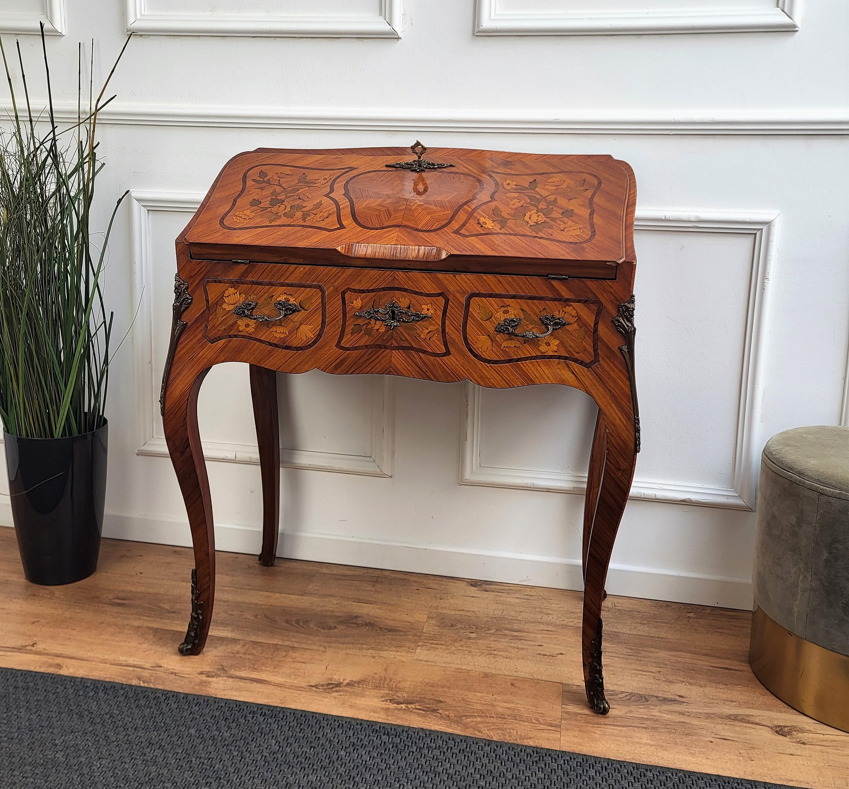 French Marquetry Inlay Walnut Burl Secretary Slant Front Desk Writing ...