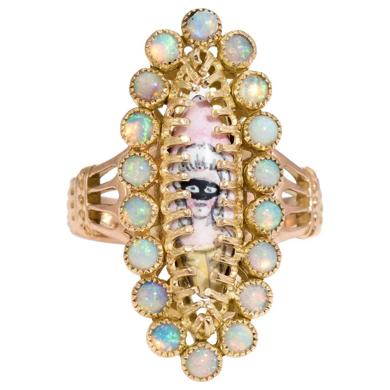 French Masquerade Ball Ring Opal Painted Face Portrait Vintage 18 Karat ...