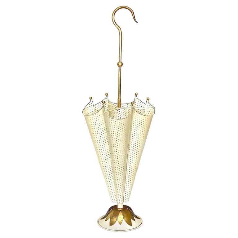 French Matégot Umbrella Stand Ivory White Perforated Metal Iron Brass ...