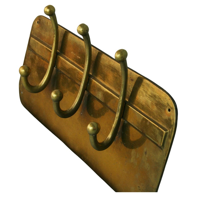 French MCM Hand Made Three Hook Brass Coat Rack For Sale at 1stDibs