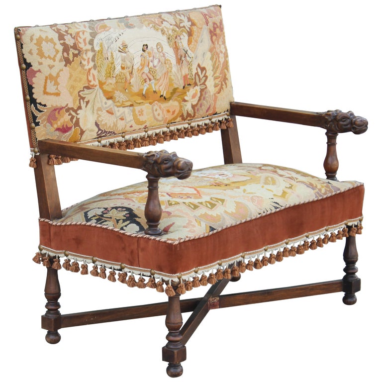 French Medieval Gothic Walnut Dragon Head and Tapestry Throne Chair at ...