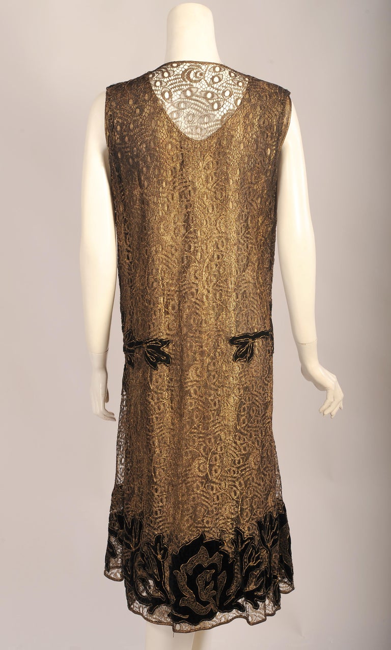 French Metallic Gold Lace Flapper Dress Black Velvet Appliques 1920's ...