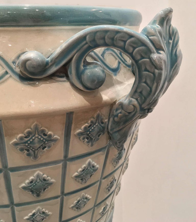 French Mid-Century Blue and White Porcelain Pot with Stand at 1stDibs