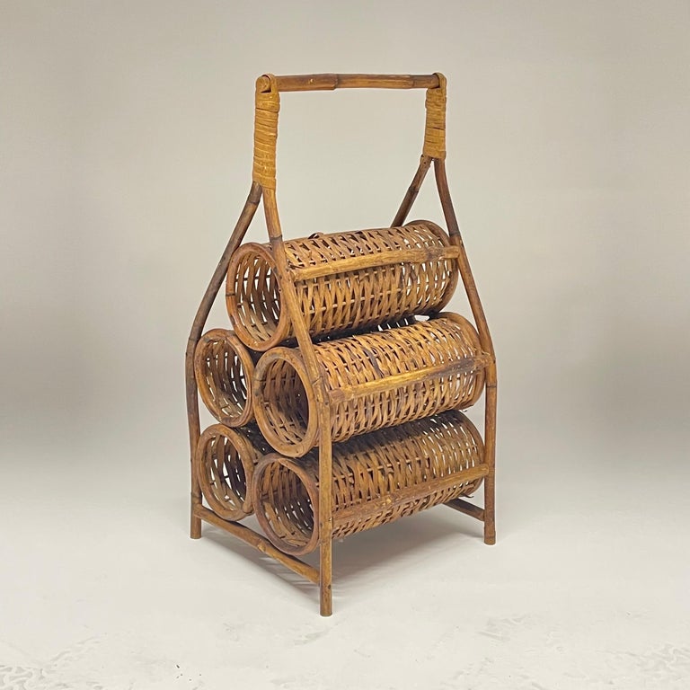 French Mid Century 5 Bottle Wicker Rattan and Bamboo Wine Holder or ...