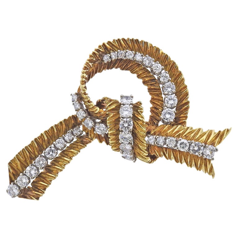 French Mid Century Diamond Gold Brooch Pin For Sale at 1stDibs