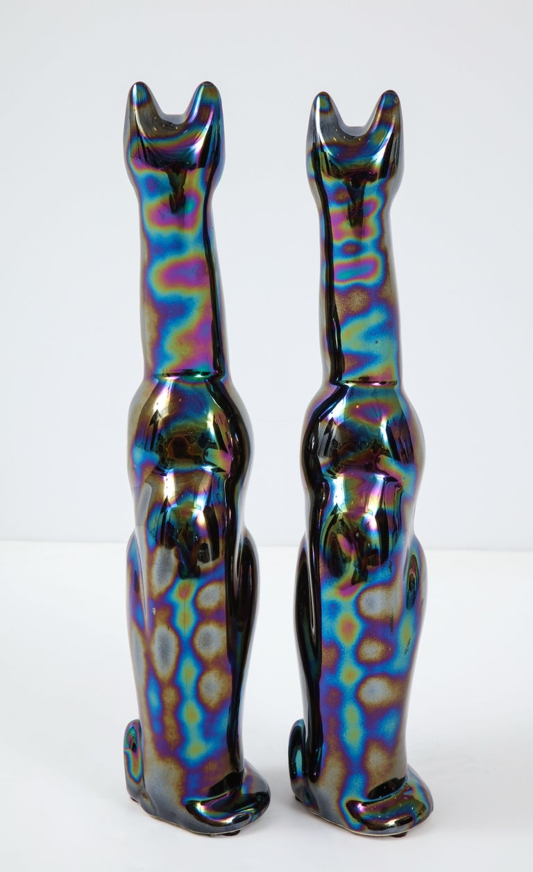 French Midcentury Iridescent Glazed Cat Figures For Sale at 1stDibs