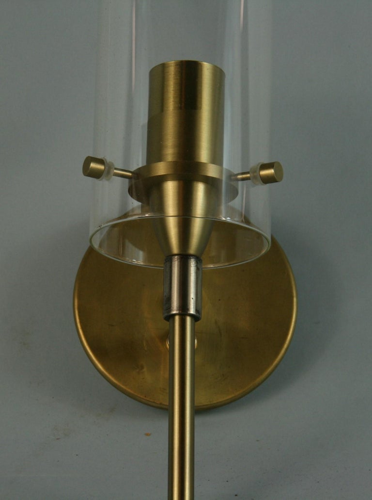 French Mid-Century Modern Brass and Glass Hurricane Sconces at 1stDibs