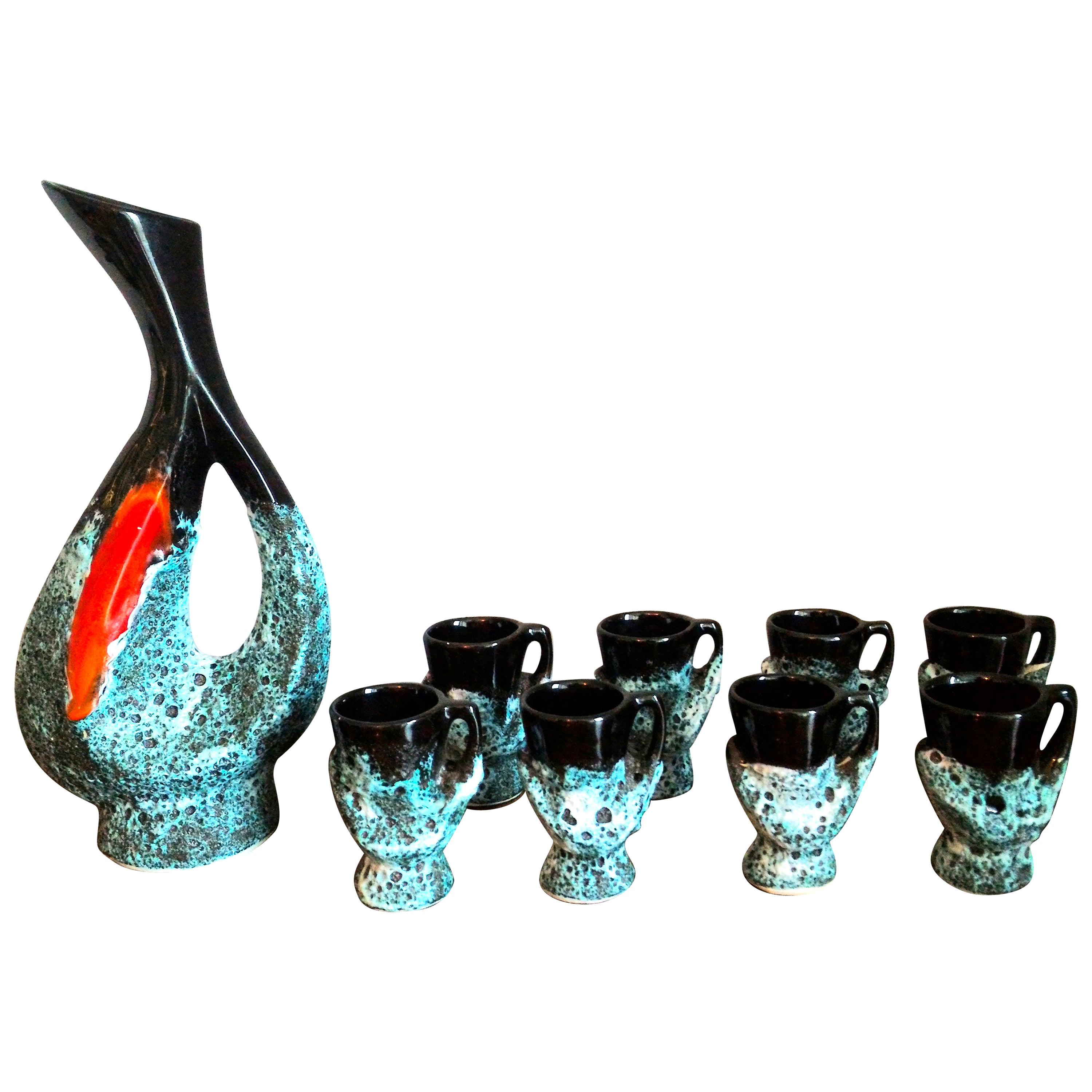 French Mid-Century Modernism Pitcher and Eight Cups Set by Vallauris ...