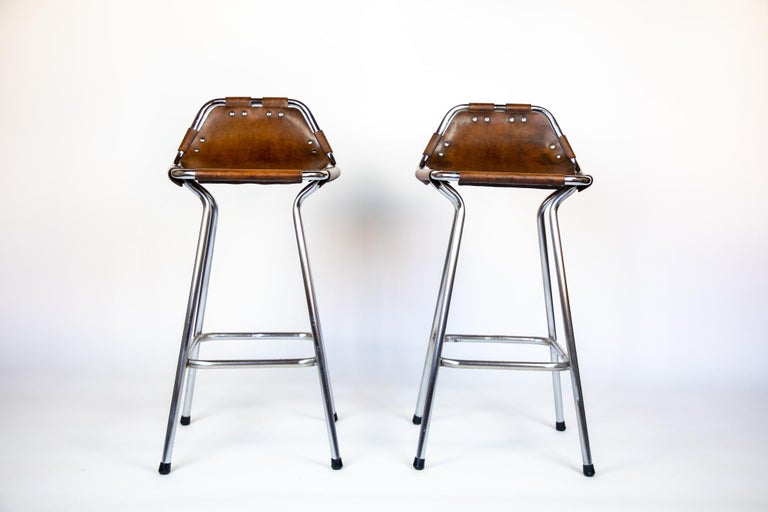 French Mid-Century Saddle Leather, Brown, Chrome Bar Stools, Perriand ...