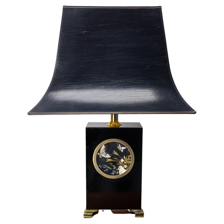 French Mid-Century Table Lamp, Black with a Decof of Butterflies, c ...