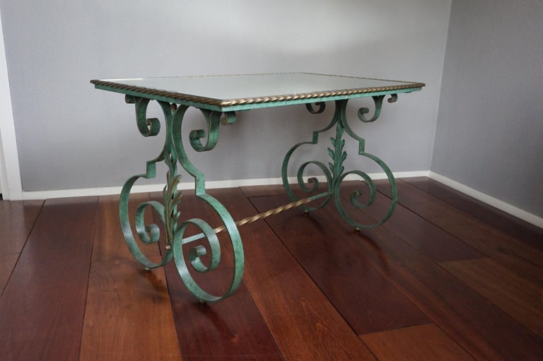 French Midcentury Forged Coffee or Side Table, Glass Top and Marble Top ...