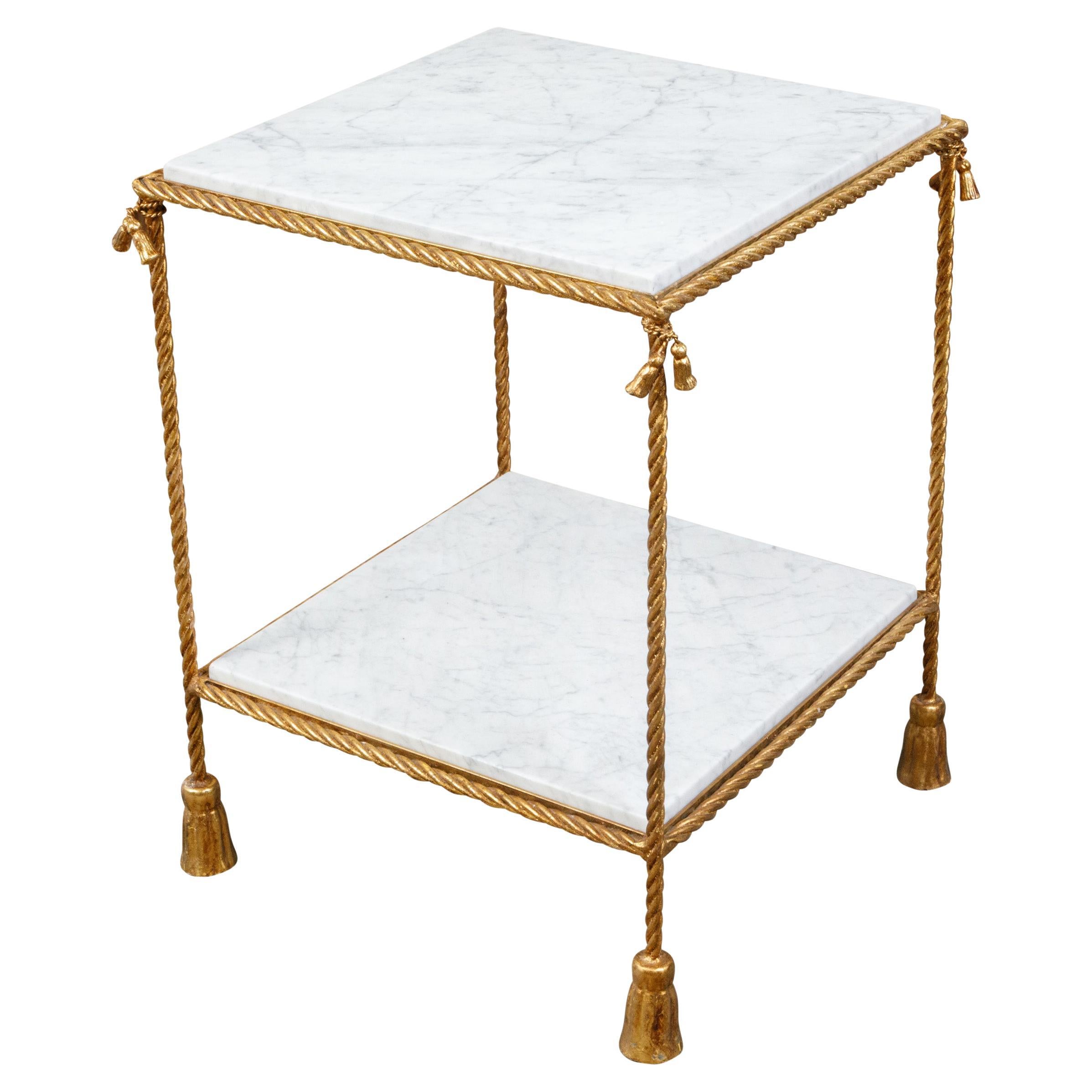 French Midcentury Iron Baker’s Rack with Brass Accents and White Marble ...