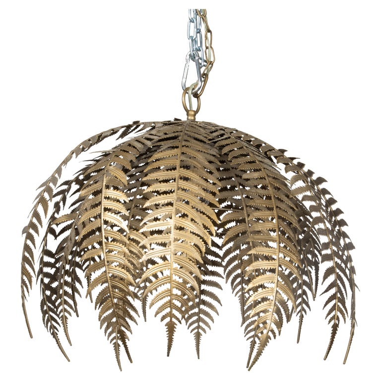 French Midcentury Gilt Metal Fern Chandelier with Single Light, Wired ...