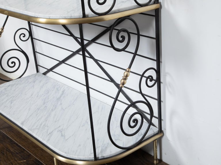 French Midcentury Iron Baker’s Rack with Brass Accents and White Marble ...