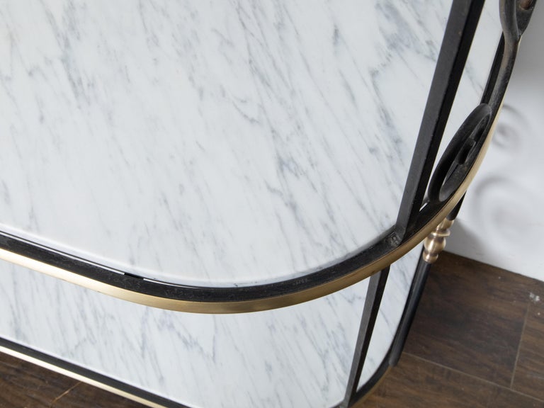 French Midcentury Iron Baker’s Rack with Brass Accents and White Marble ...