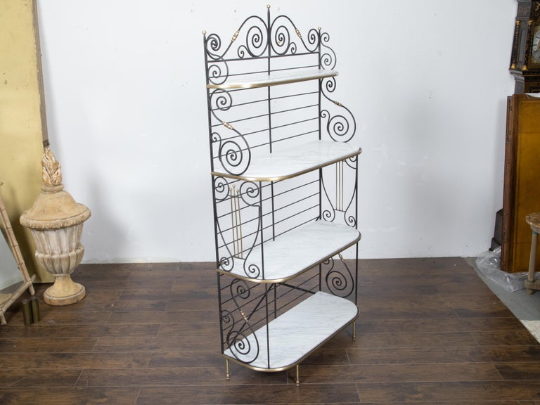 French Midcentury Iron Baker’s Rack with Brass Accents and White Marble ...