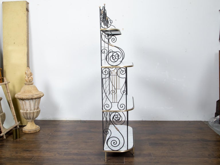 French Midcentury Iron Baker’s Rack with Brass Accents and White Marble ...