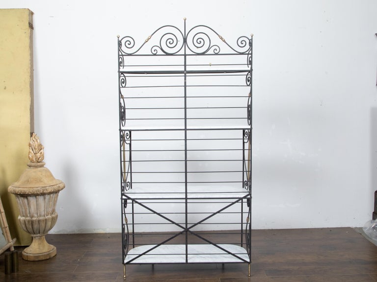 French Midcentury Iron Baker’s Rack with Brass Accents and White Marble ...