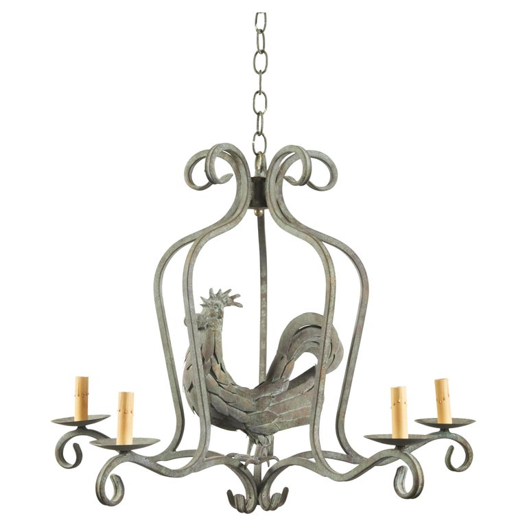 French Midcentury Metal Rooster Five-Light Chandelier with Verdigris ...