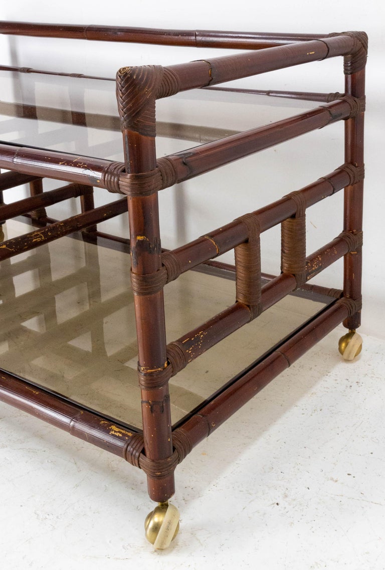 French Mid-Century Modern Rattan and Smoked Glass Hi Fi Table or Side ...