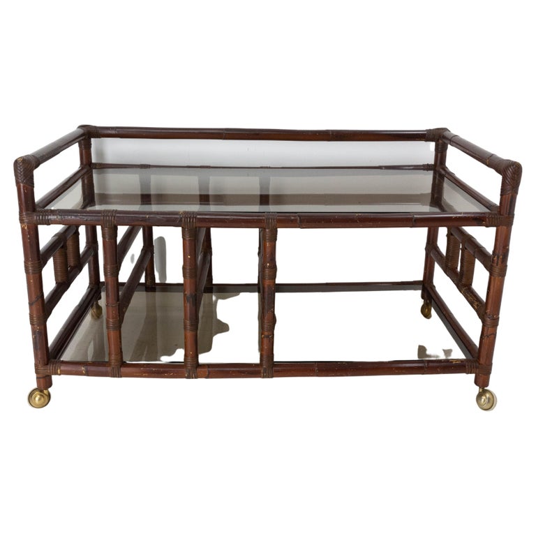 French Mid-Century Modern Rattan and Smoked Glass Hi Fi Table or Side ...