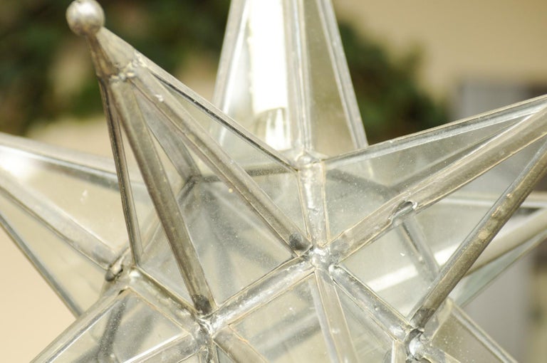 French Midcentury Star Light Pendant with Lead Glass Panels and Metal ...