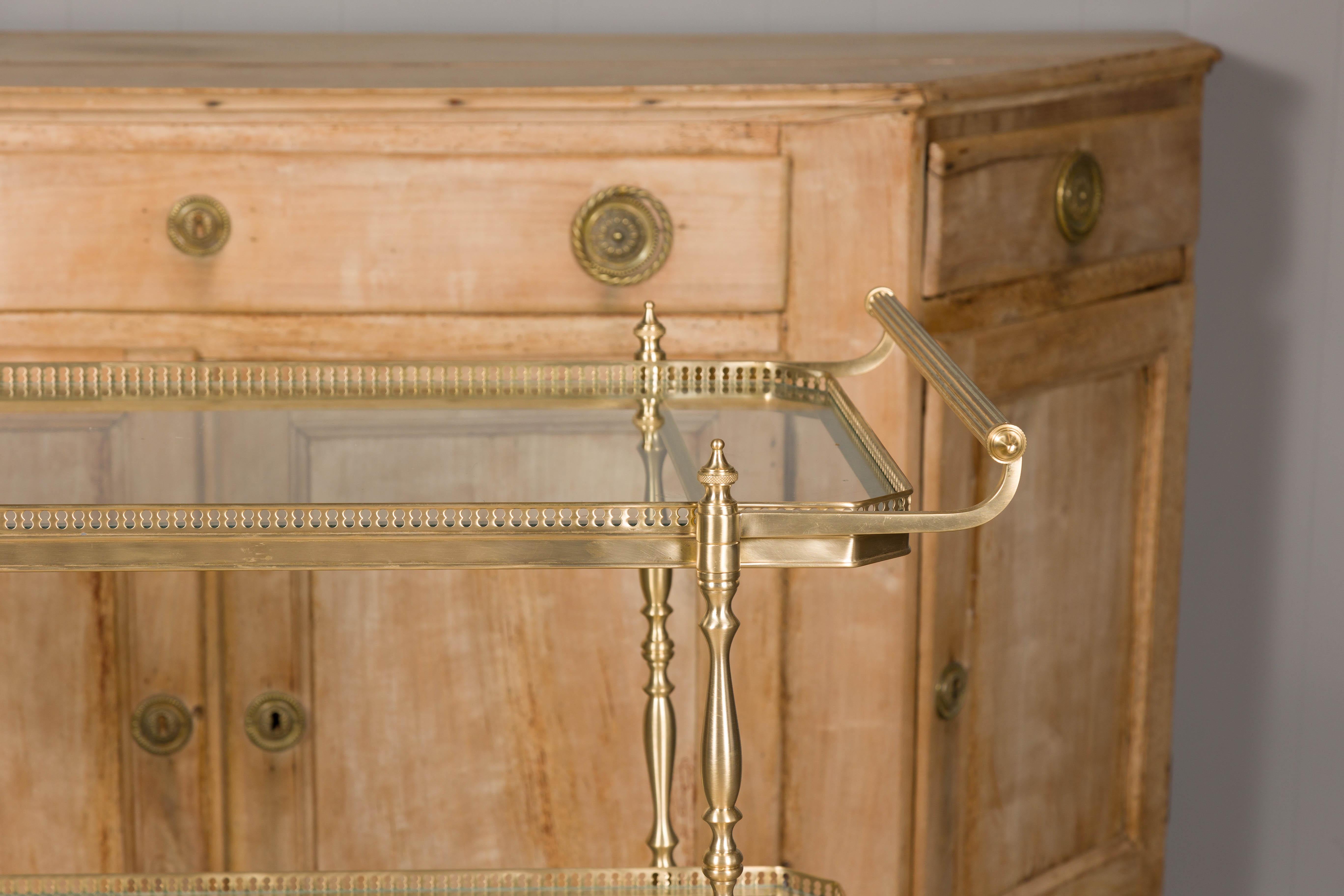 French Midcentury Three-Tiered Brass Cart with Glass Shelves and ...