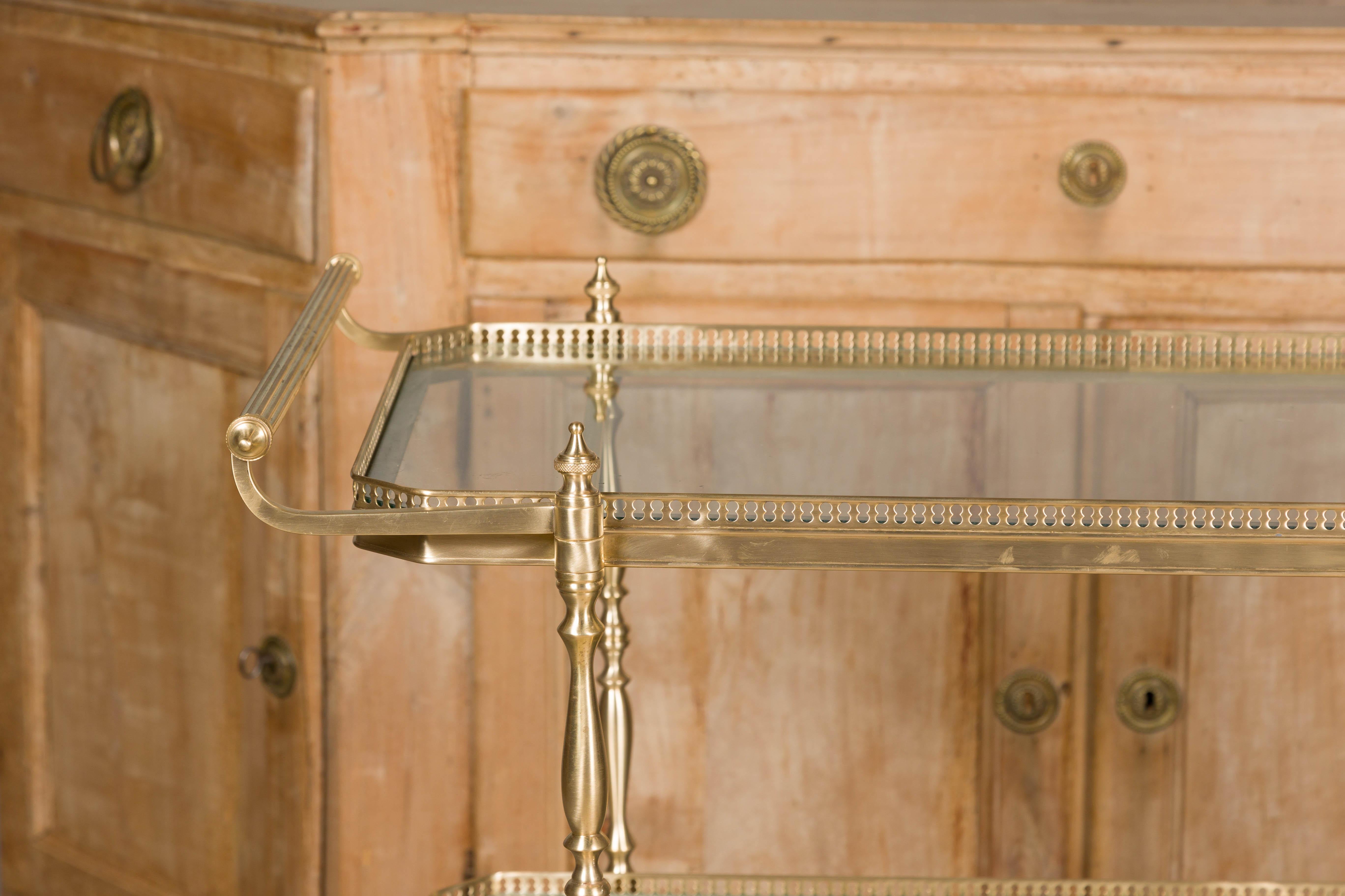 French Midcentury Three-Tiered Brass Cart with Glass Shelves and ...