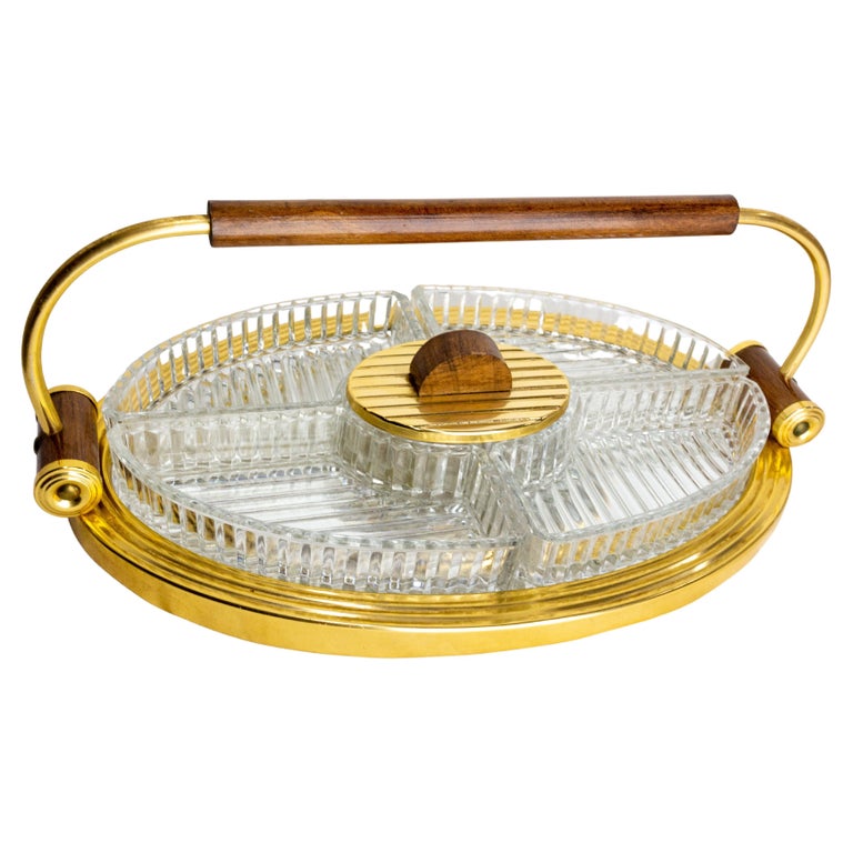 French Mirror Glass Brass and Wood Service Five Bowls Art Deco Style, c ...