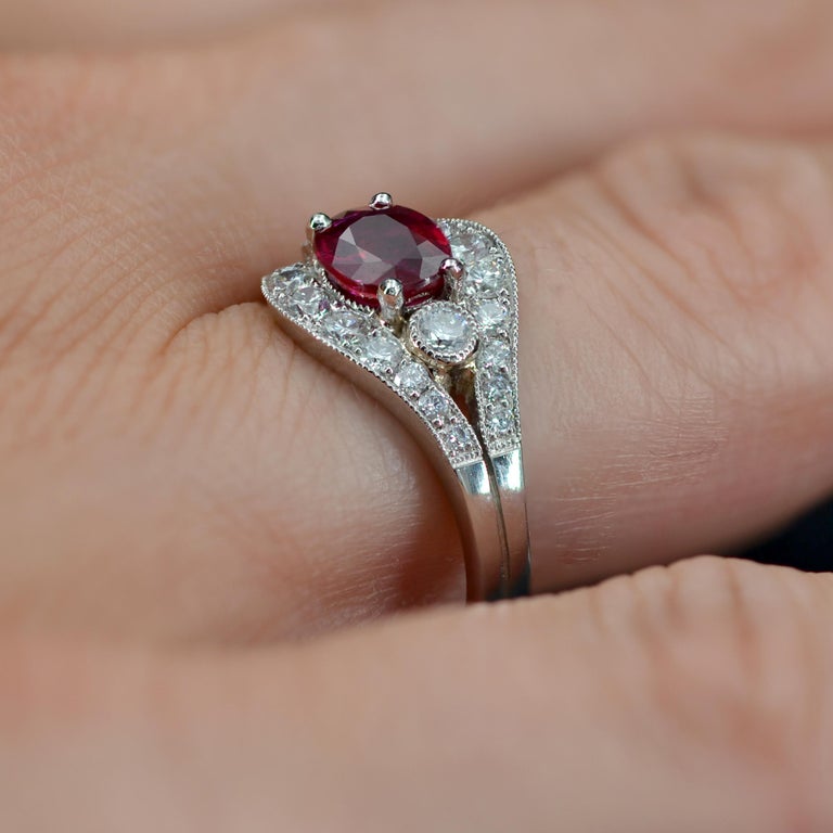 French Modern 1, 22 Carat Ruby Diamonds Platinum Ring For Sale at 1stDibs
