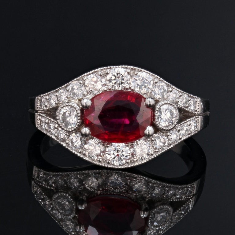 French Modern 1, 22 Carat Ruby Diamonds Platinum Ring For Sale at 1stDibs