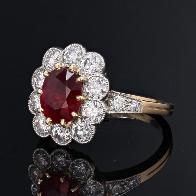 French Modern 2, 04 Carat Ruby Diamonds 18 Karat Yellow Gold Daisy ...
