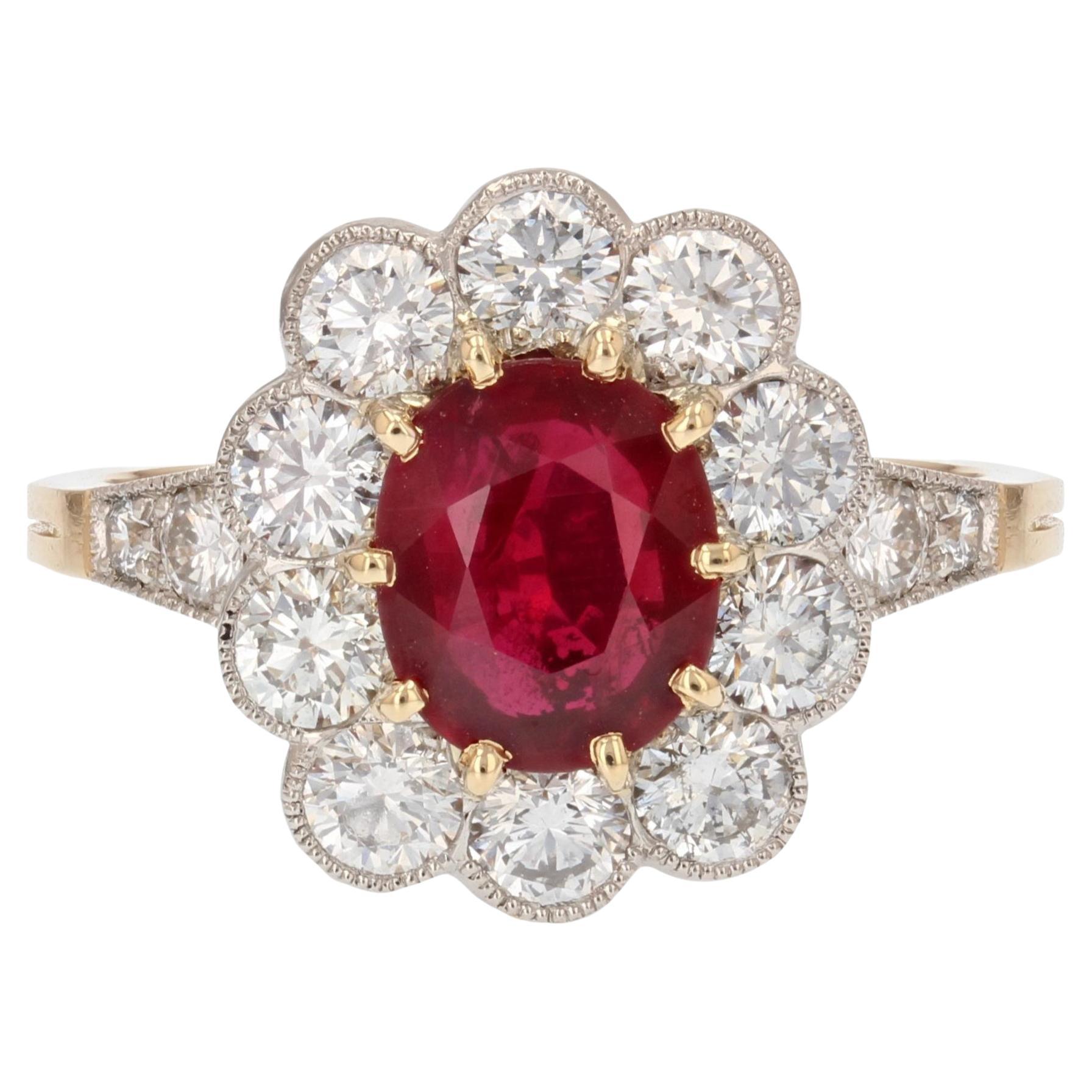 French Modern 2, 04 Carat Ruby Diamonds 18 Karat Yellow Gold Daisy ...