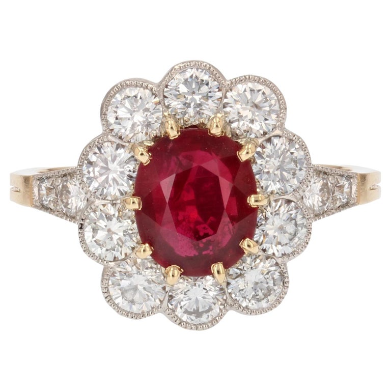 French Modern 2, 04 Carat Ruby Diamonds 18 Karat Yellow Gold Daisy ...
