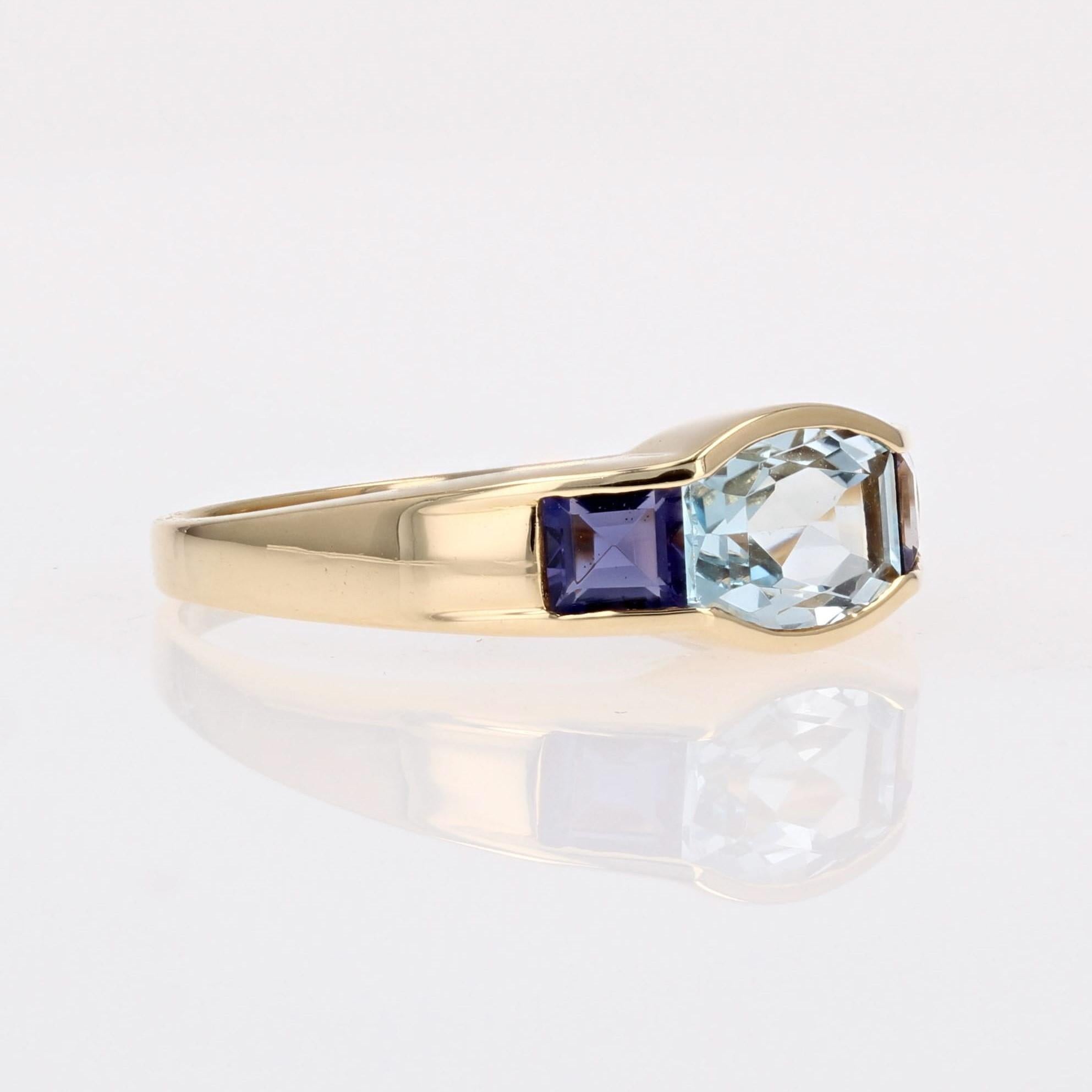 French Modern Aquamarine Amethyst 18 Karat Yellow Gold Bangle Ring For ...