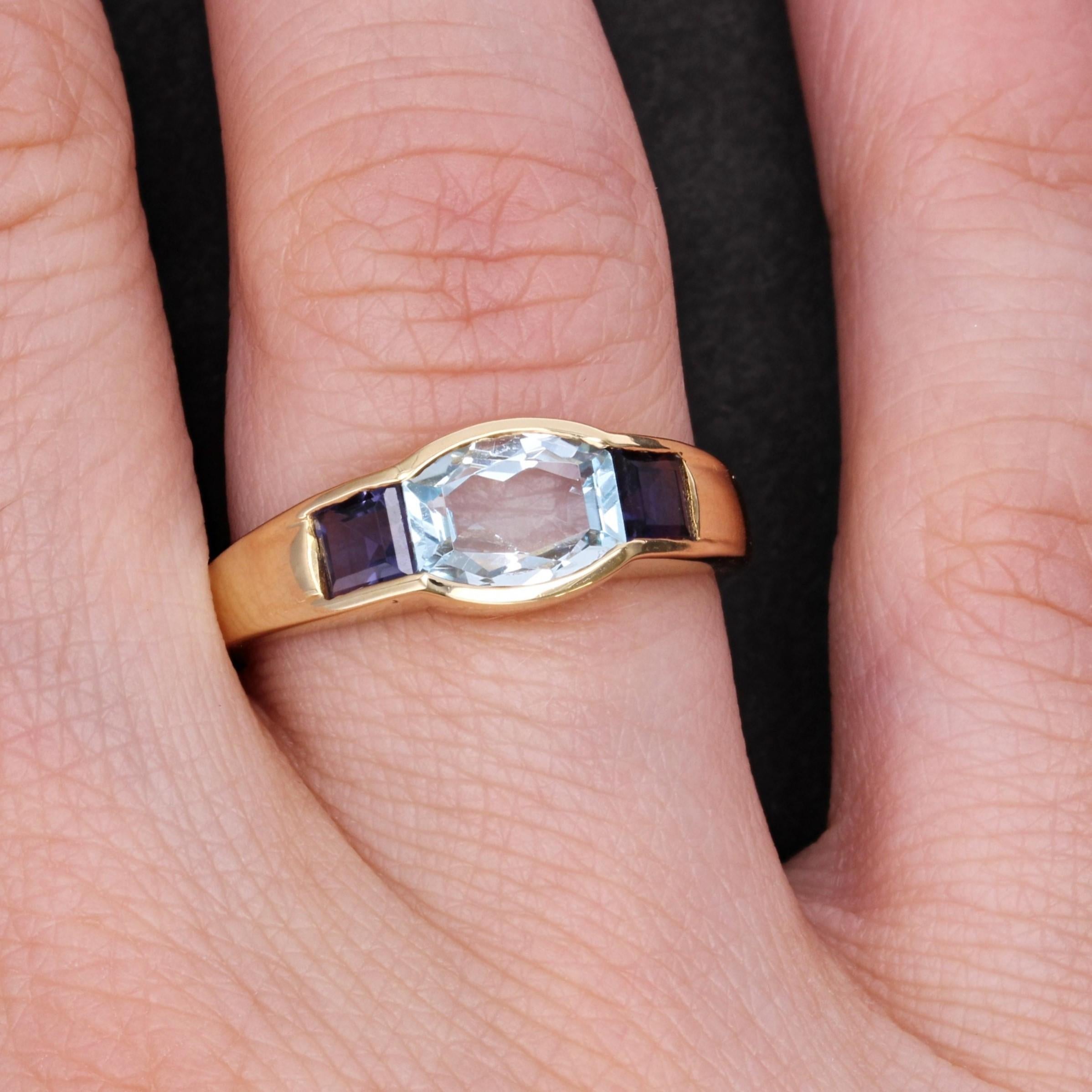 French Modern Aquamarine Amethyst 18 Karat Yellow Gold Bangle Ring For ...