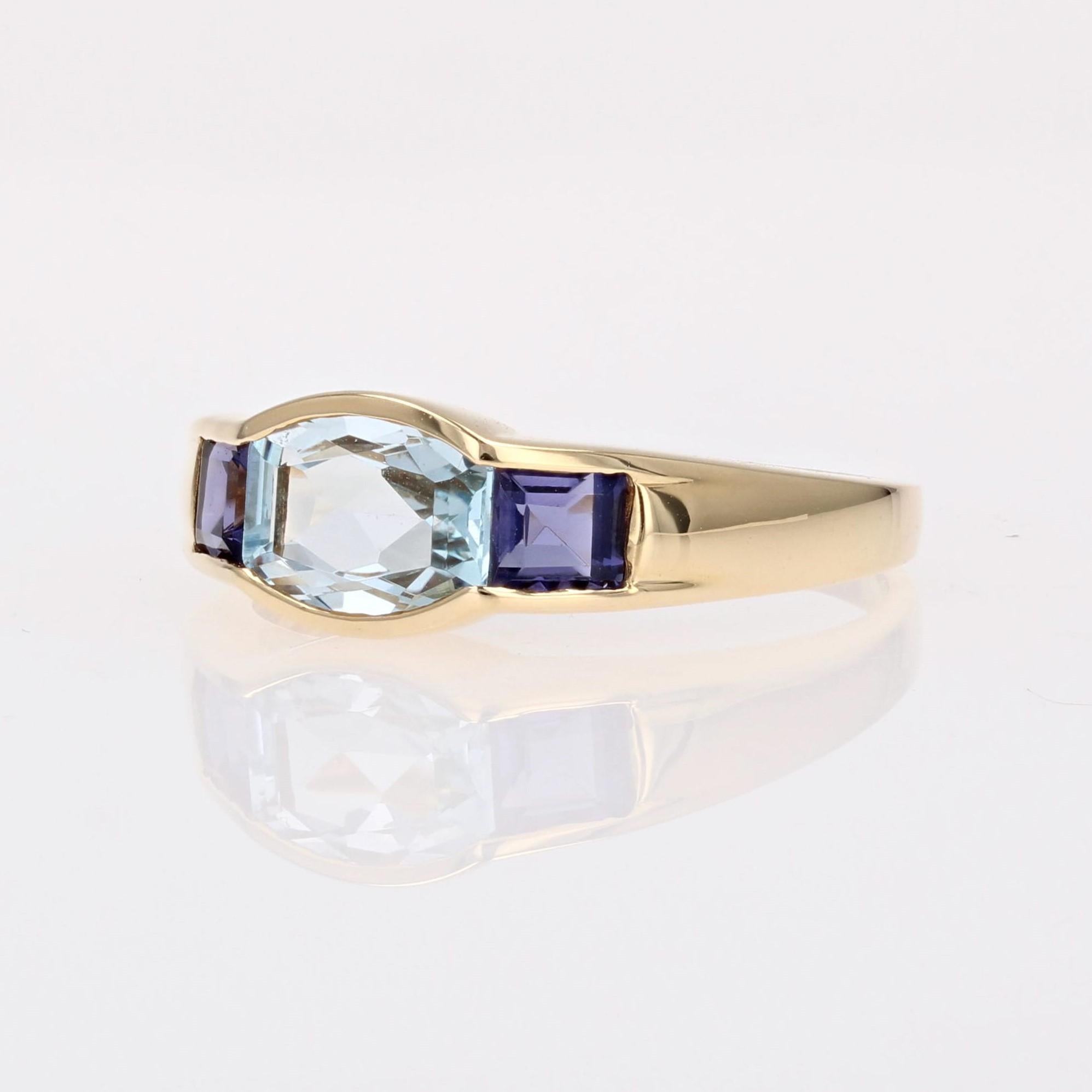 French Modern Aquamarine Amethyst 18 Karat Yellow Gold Bangle Ring For ...