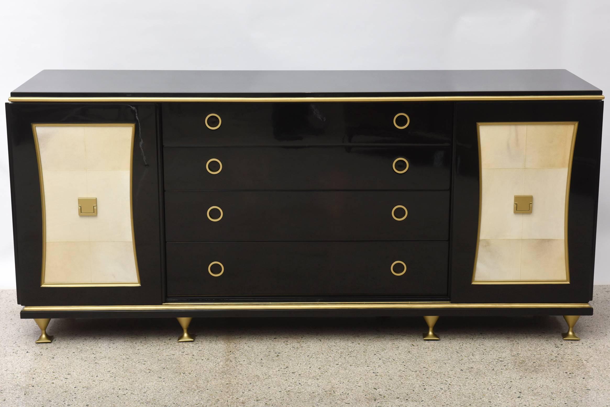 French Modern Black Lacquer, Parchment Buffet Attributed Jacques Quinet, 1940s at 1stDibs ...